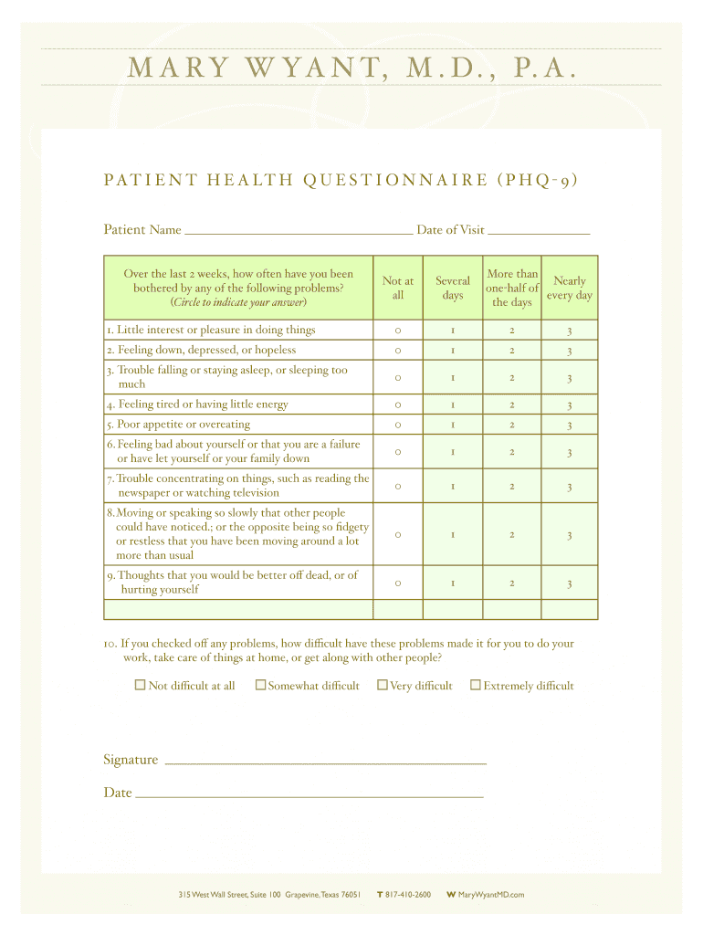 Fillable Online Patient Health Questionnairre-9 PHQ-9 Fax Email Print ...
