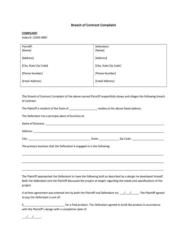 Fillable Online Breach of Contract Complaint - Free Links Fax Email ...