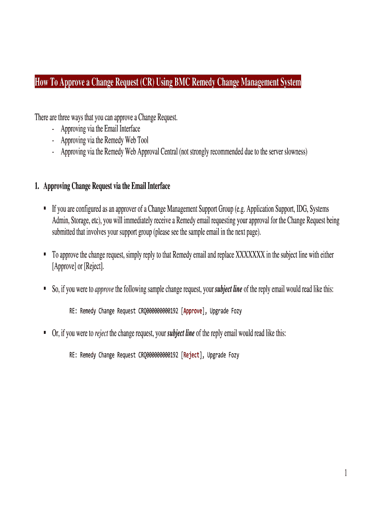 Fillable Online How To Approve a Change Request (CR) Using BMC Remedy ...