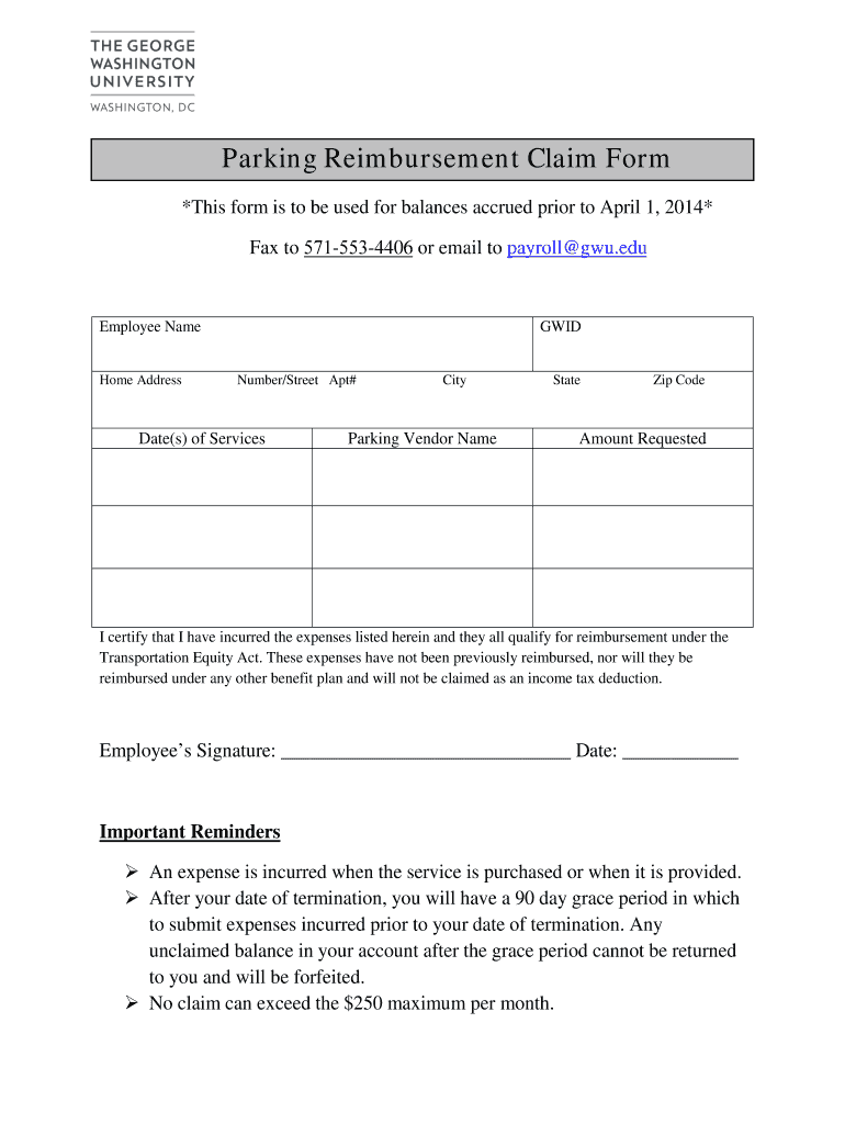 Fillable Online Parking Reimbursement Claim Form - Payroll Services Fax ...