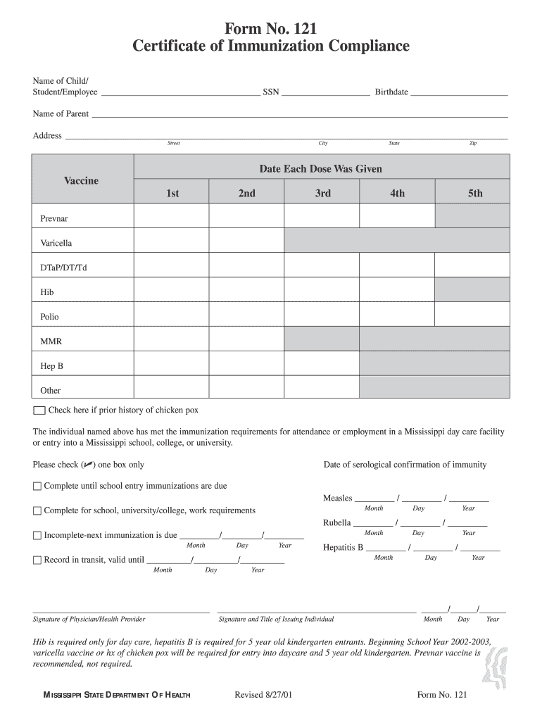 Fillable Online Form 121 Certificate of Immuniz - gotomustardseedcom ...