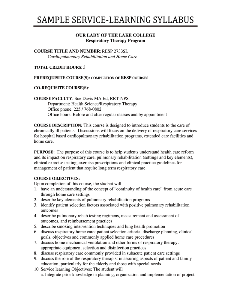 Fillable Online 69 2 57 Sample Service-Learning Course Syllabus Fax Email Print - pdfFiller
