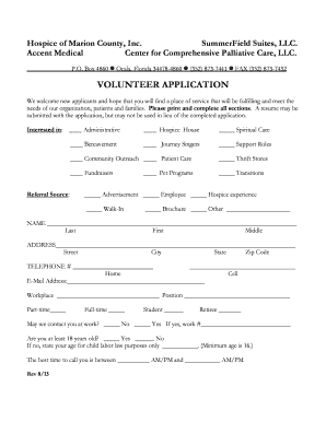 Fillable Online VOLUNTEER APPLICATION - Hospice of Marion County Fax ...