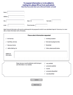 Fillable Online To request information or to be added to mailing list ...