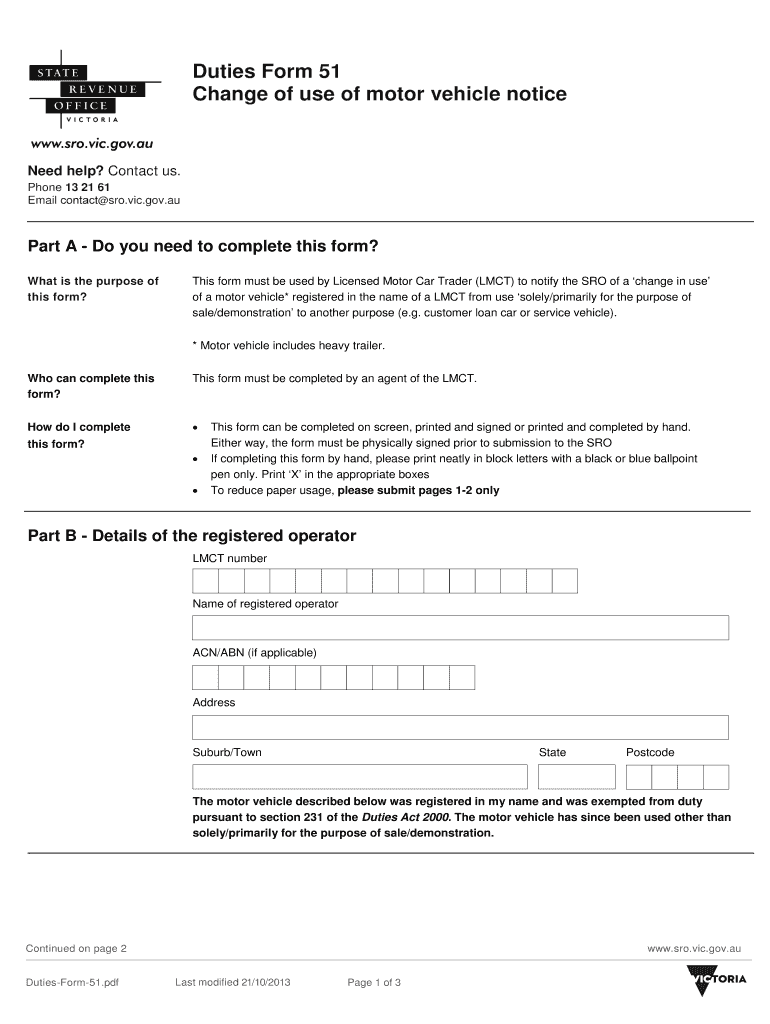 Fillable Online sro vic gov Duties Form 51 Change of use of motor ...