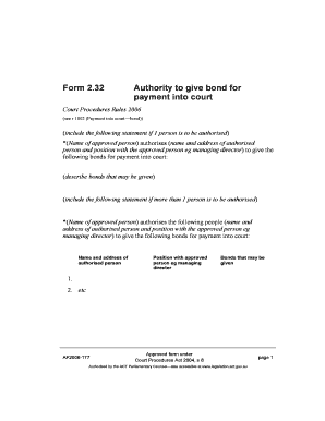 Fillable Online legislation act gov Form 232 Authority to give bond for ...