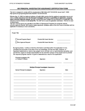 Fillable Online research tu NIH PI Assurance Certification Form Fax ...