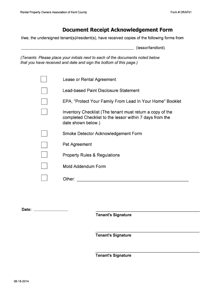 Fillable Online Document Receipt Acknowledgement Form - RPOA Fax Email ...