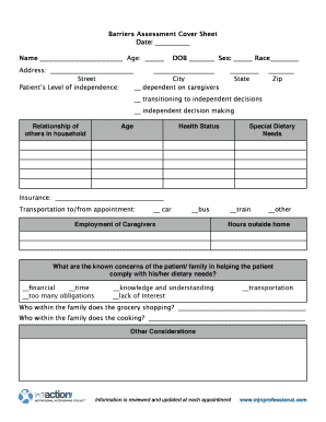 Fillable Online Barriers Assessment Cover Sheet Date Name Age DOB Sex ...