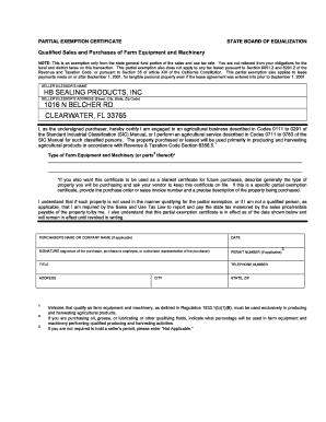 Fillable Online PARTIAL EXEMPTION CERTIFICATE Farm Equipment Machinery ...