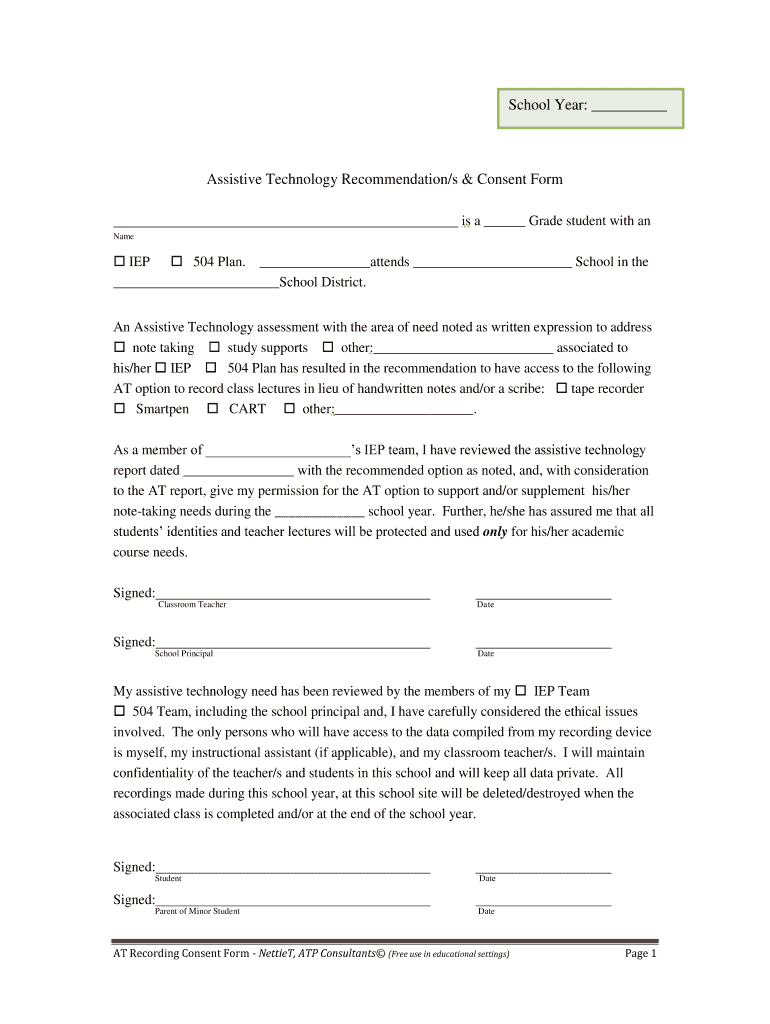 Fillable Online School Year Assistive Technology Recommendations Fax ...