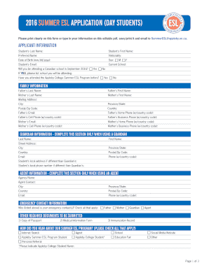 Fillable Online 2016 SUMMER ESL APPLICATION DAY STUDENTS Fax Email ...
