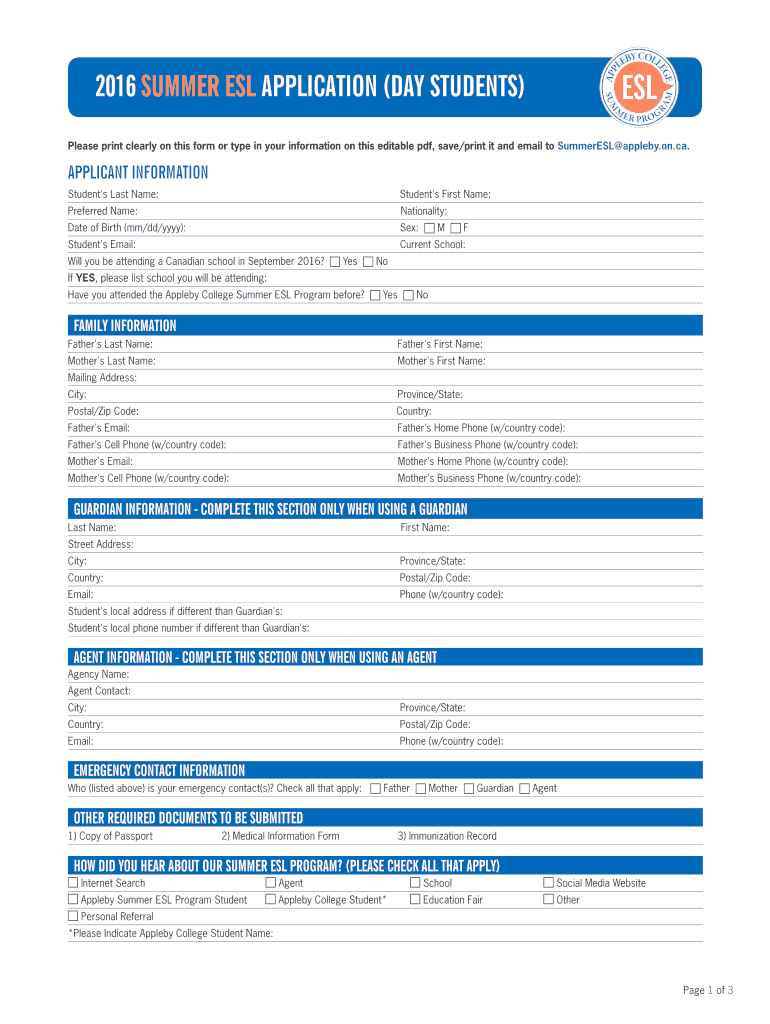 Fillable Online 2016 SUMMER ESL APPLICATION DAY STUDENTS Fax Email ...