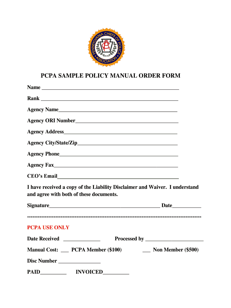 Fillable Online PCPA SAMPLE POLICY MANUAL ORDER FORM - PA Chiefs of ...