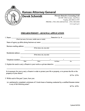 Fillable Online ag ks FIREARM PERMIT RENEWAL APPLICATION - agksgov Fax ...