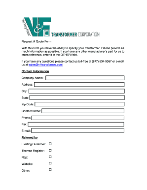 Fillable Online Request A Quote Form - V F Transformer Fax Email Print ...