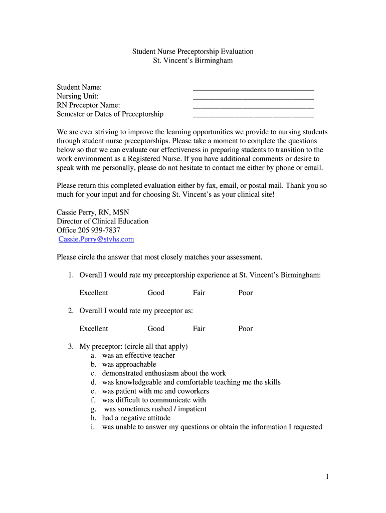 Fillable Online Student Nurse Preceptorship Evaluation St Fax Email ...