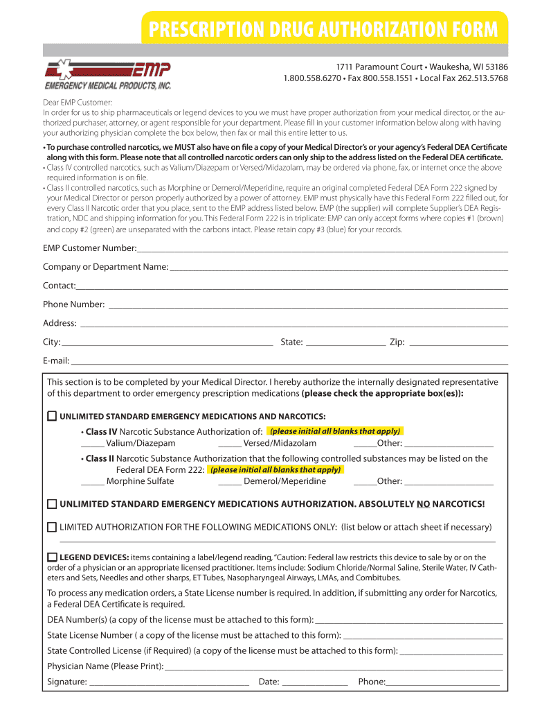 Fillable Online Prescription drug authorization bformb - Emergency Medical Products Fax Email ...
