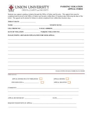 Fillable Online uu PARKING VIOLATION APPEAL FORM - Union University ...
