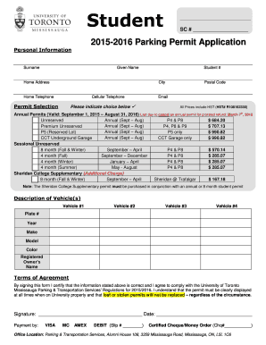 Fillable Online utm utoronto 2015-16 UTM Student Parking bPermitb ...