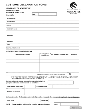 Fillable Online newcastle edu CUSTOMS DECLARATION FORM - University of Newcastle Fax Email Print ...