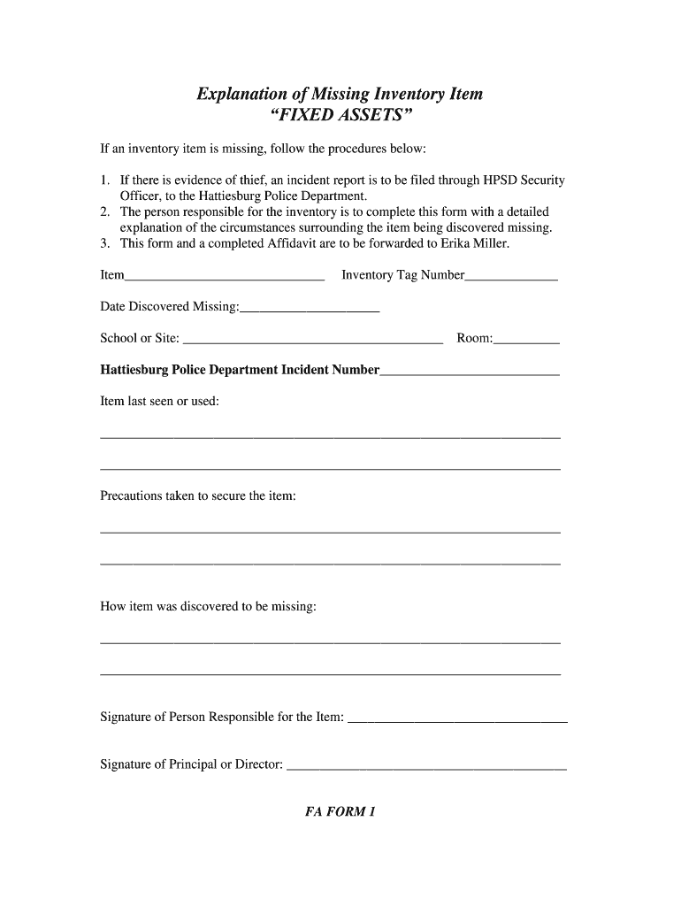 Fillable Online Explanation of Missing Inventory Item FIXED ASSETS Fax ...