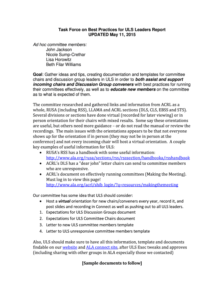 Fillable Online acrl ala Task Force on Best Practices for ULS Leaders ...
