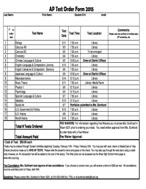 Fillable Online whs tusd AP Test Order Form 2015 - West High School ...