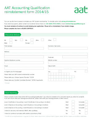 Fillable Online AAT Accounting Qualification reinstatement form 201415 ...