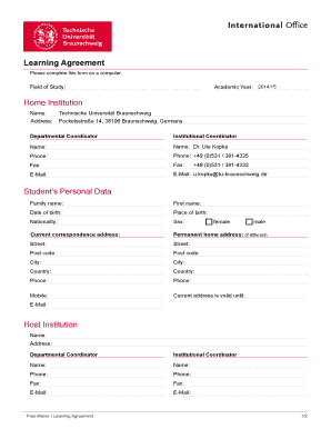 Fillable Online Learning Agreement Home Institution Fax Email Print ...