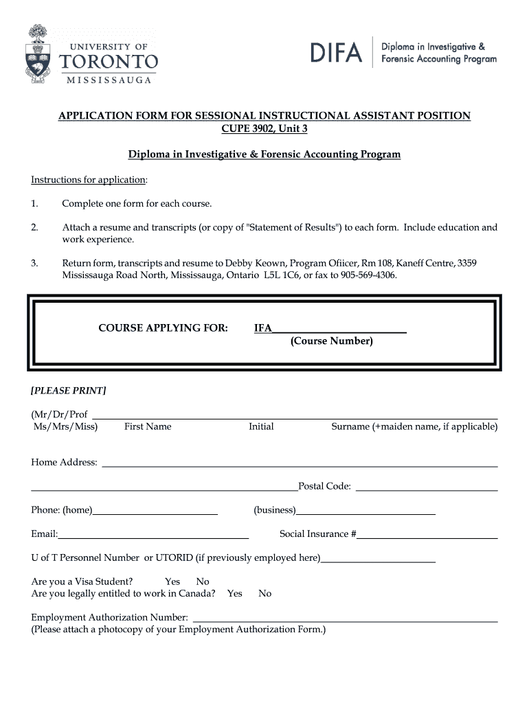 Fillable Online utm utoronto SIA APPL FORM Unit 3 - August 2009.doc ...