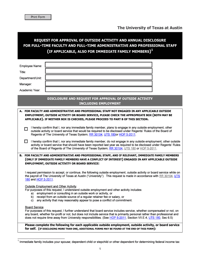 Fillable Online policies utexas REQUEST FOR APPROVAL OF OUTSIDE ...