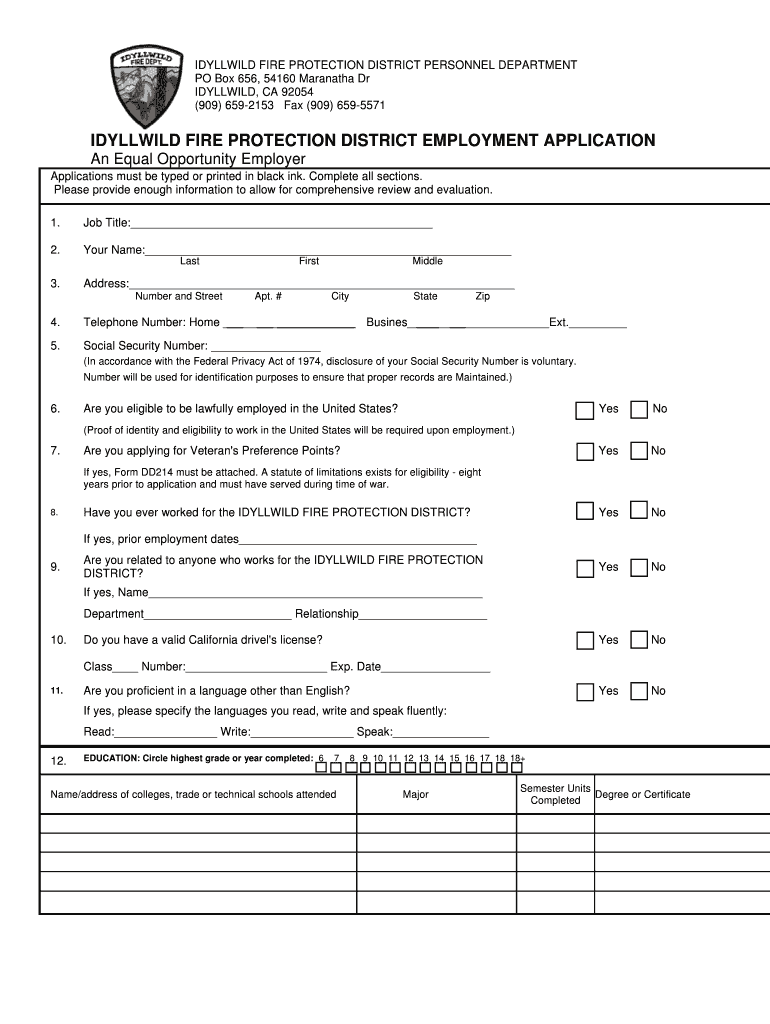 Fillable Online IDYLLWILD FIRE PROTECTION DISTRICT PERSONNEL DEPARTMENT ...