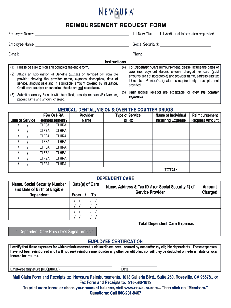 Fillable Online REIMBURSEMENT REQUEST FORM Employer Name: New Claim ...