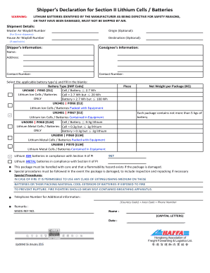 Fillable Online BShipper39s Declarationb for Section II Lithium Cells ...