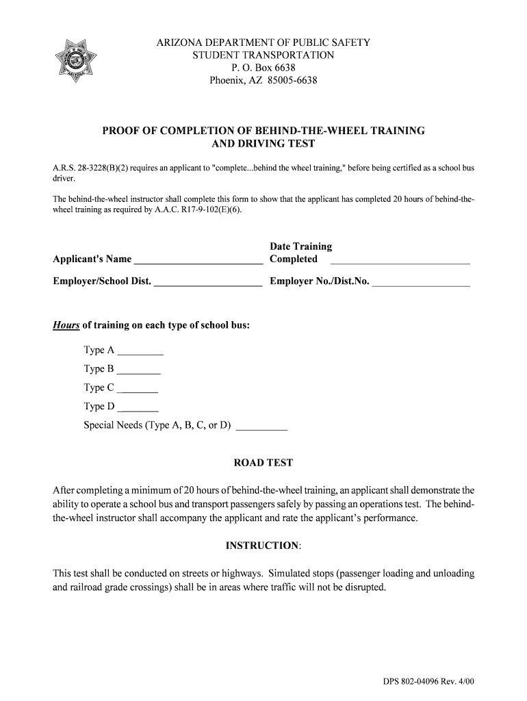 Fillable Online licensing azdps PROOF OF COMPLETION OF BEHIND-THE-WHEEL ...