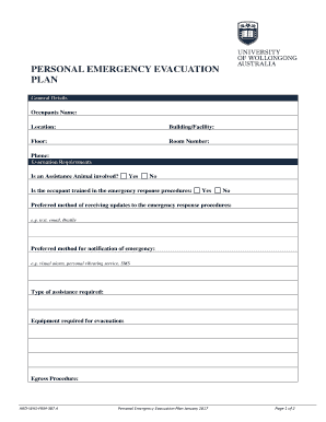 Fillable Online PERSONAL EMERGENCY EVACUATION Fax Email Print - pdfFiller