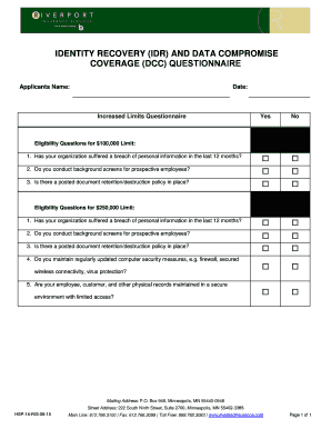 Fillable Online IDENTITY RECOVERY IDR AND DATA COMPROMISE COVERAGE DCC ...