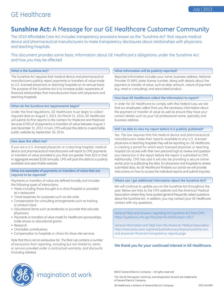 Fillable Online Sunshine Act: A Message for our GE Healthcare Customer Community Fax Email Print ...