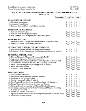 Fillable Online prod nrcs usda CHECK LIST FOR EVALUATION OF MANAGEMENT ...