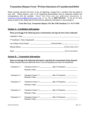 Fillable Online Transaction Dispute Form Written Statement of Fax Email ...