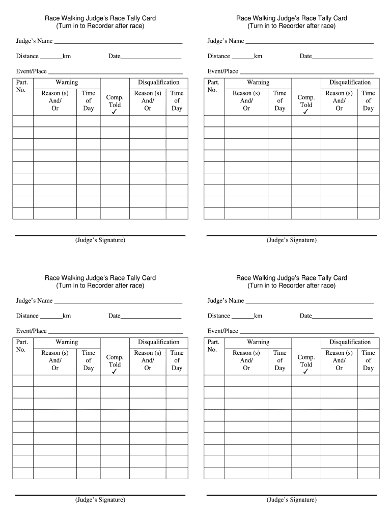 Fillable Online ncseniorgames Race Walking Judges Race Tally Card ...