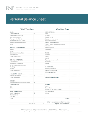 Fillable Online BPersonalb Balance bSheetb - RNP Advisory Services Inc Fax Email Print - pdfFiller