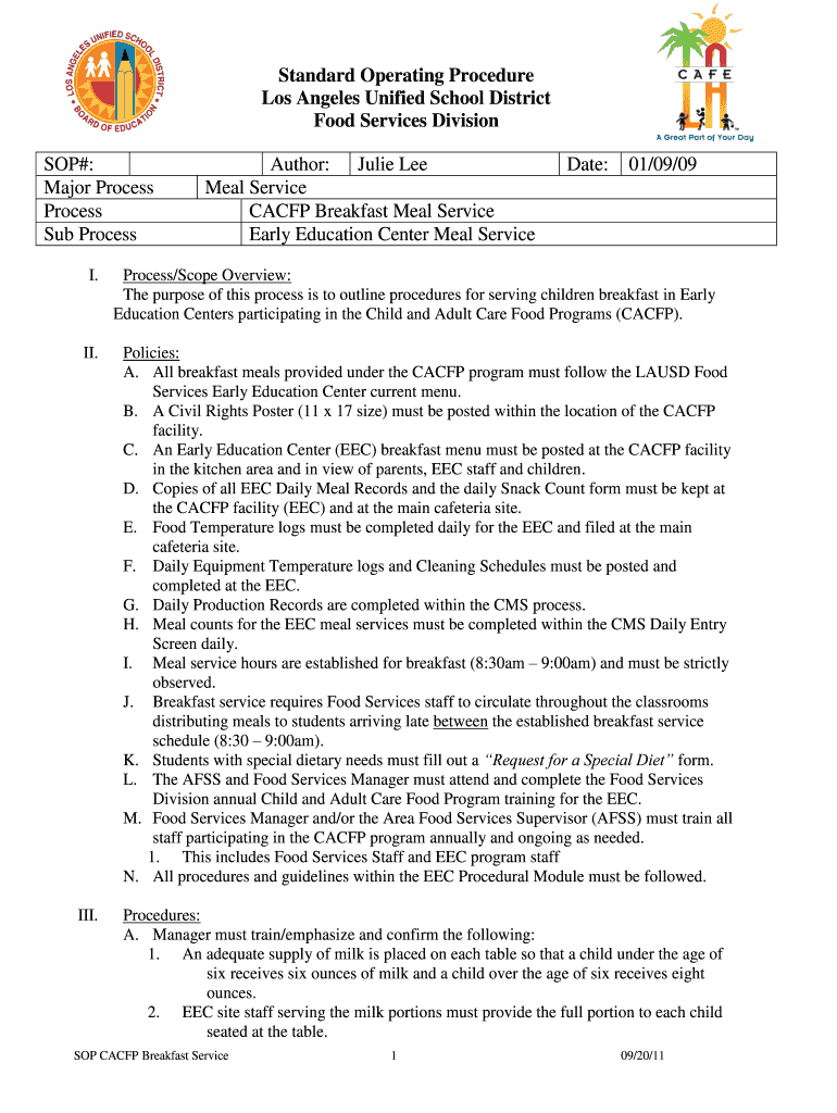 Fillable Online CACFP Breakfast Meal Service Fax Email Print - pdfFiller