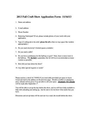 Fillable Online 2013 Fall Craft Show Application Form- 111613 Fax Email ...