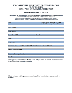 Fillable Online uwplatt CT Ambassador Student Application Form Fax ...