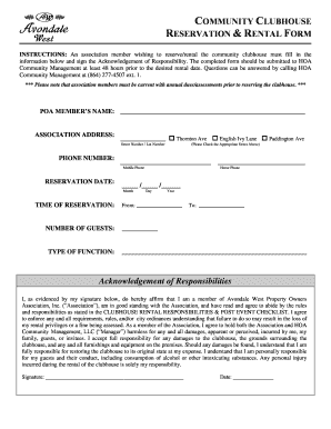 Fillable Online CLUBHOUSE RESERVATION RENTAL FORM - HOA Fax Email Print ...