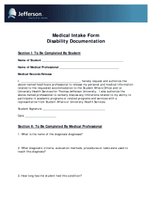Fillable Online jefferson Medical Intake Form Disability Documentation ...