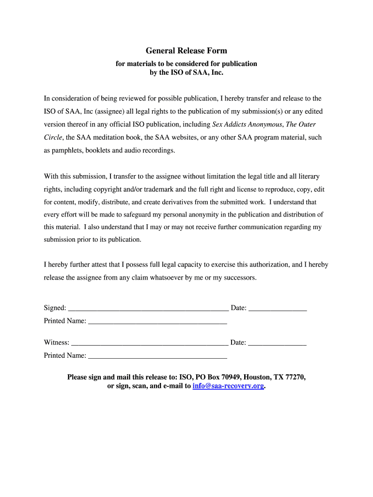Fillable Online General Release Form - saa-recoveryorg Fax Email Print ...