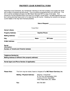 Fillable Online PROPERTY LEASE SUBMITTAL FORM - IMC Resort Fax Email ...